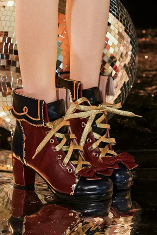 Star Lace Ribbon Color Block Leather Shoes – Belchic