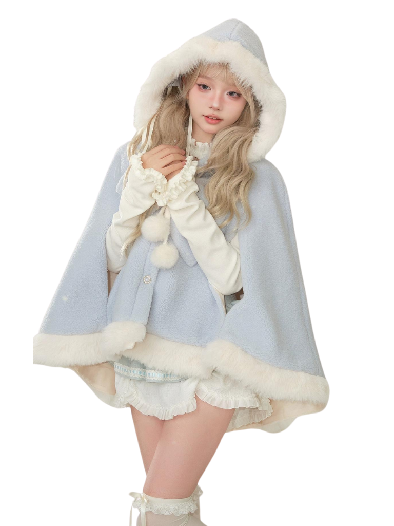 Snow Ice Hooded Fur Cape + Neck Halter Top + Tiered Skirt – Belchic