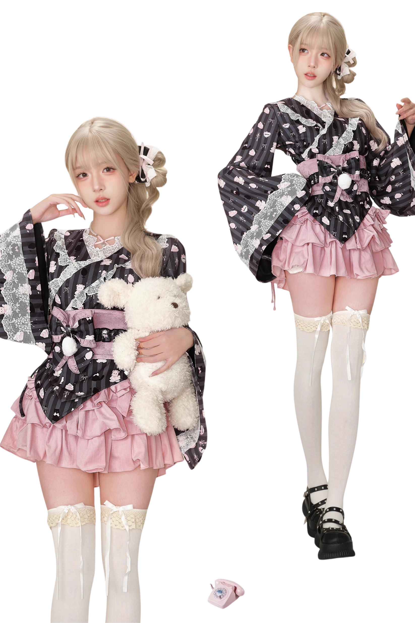 Japanese style top + cape + ribbon girdle + cake skirt – Belchic