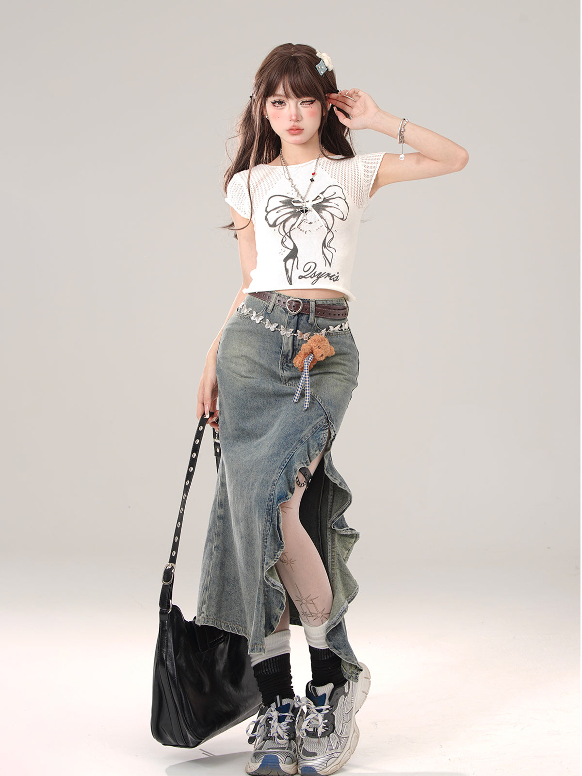 Blue Denim Ruffle Slit Long Skirt – Belchic