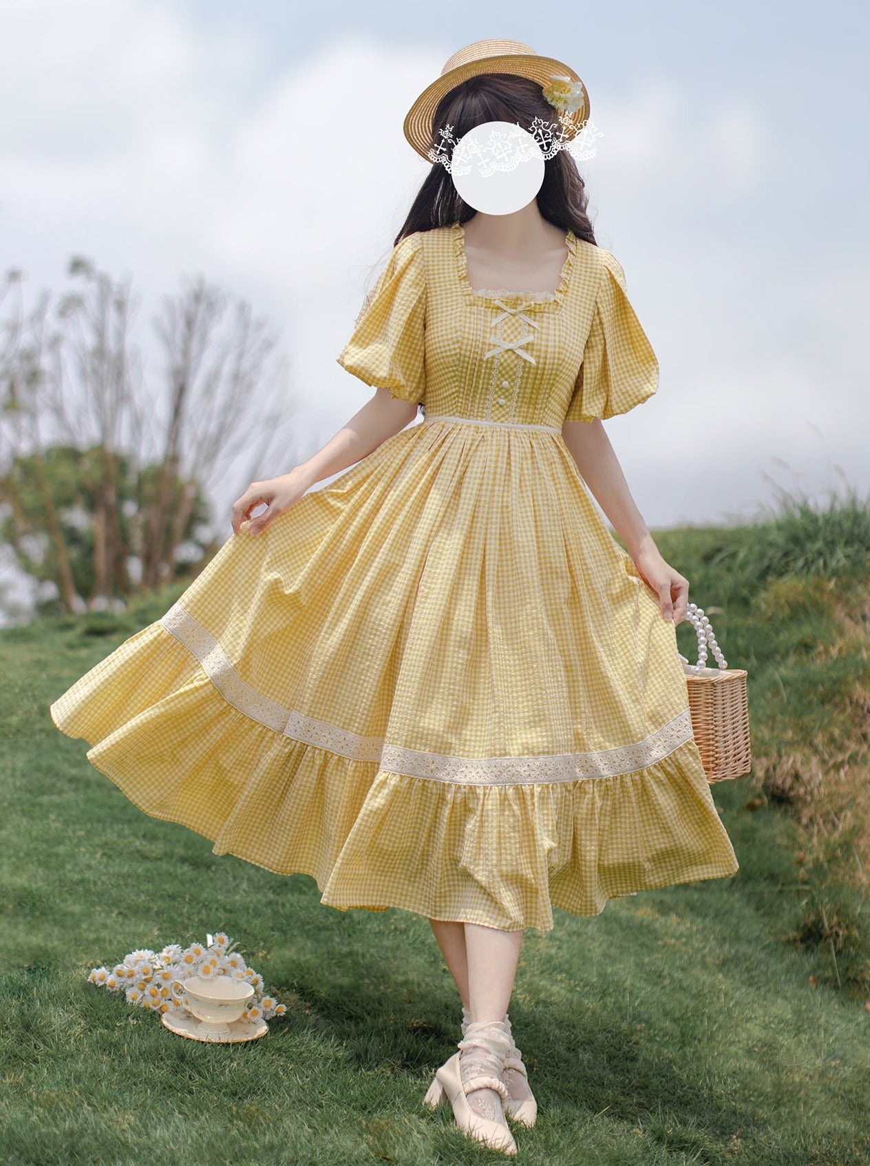 【予約商品】レトロガーリーイエローワンピース+エプロン+リボン – Belchic