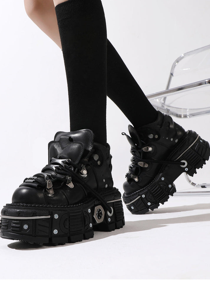 Dark punk platform metal high-top shoes [with plain chain nut]. – Belchic