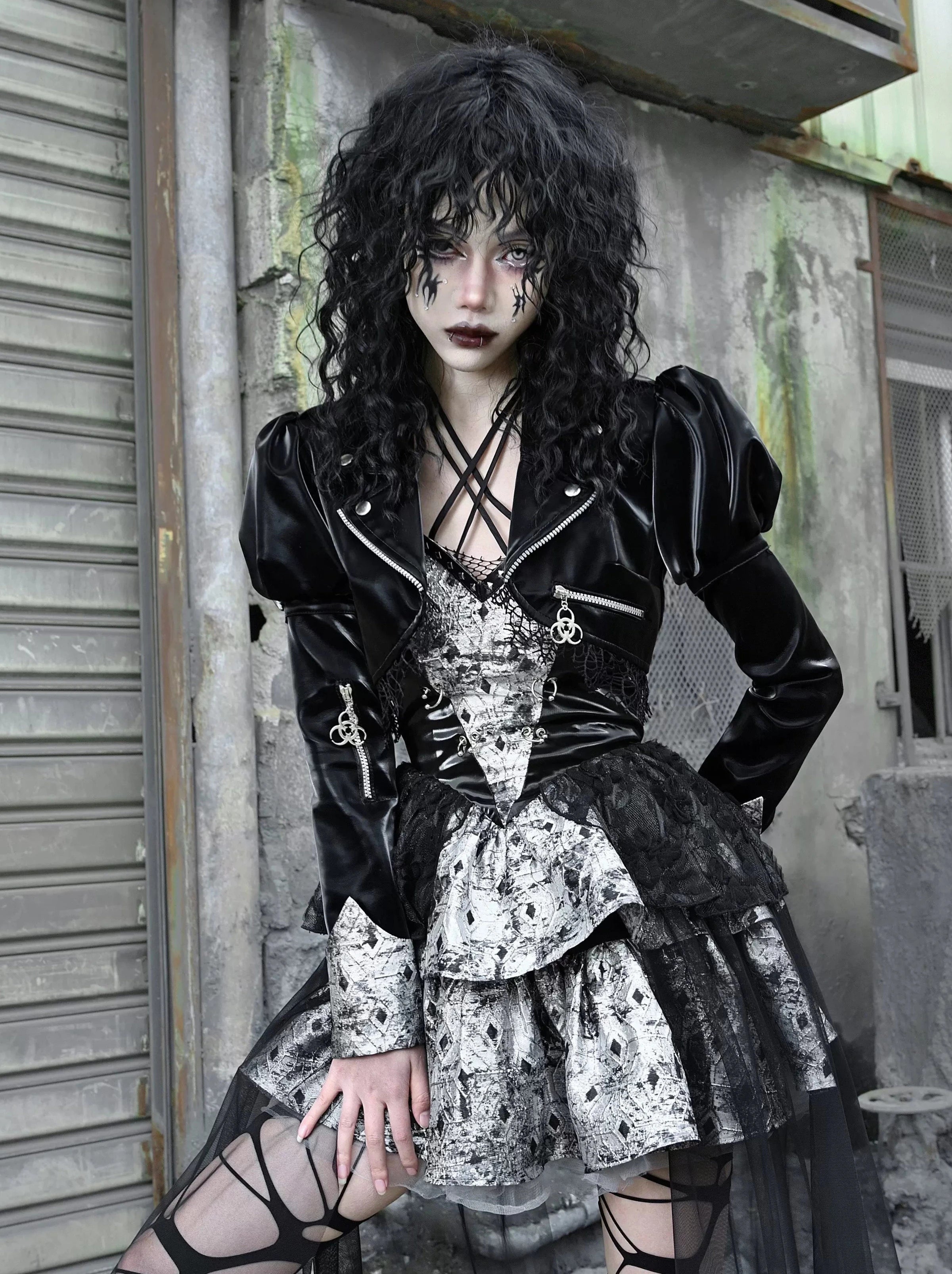 Punk PU Short Mesh Lace Spliced Leather Jacket – Belchic
