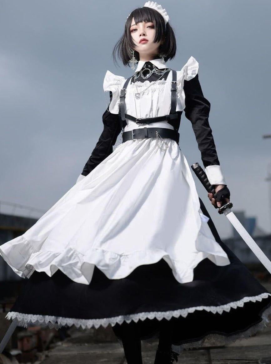 Ruffle Shoulder Maid Apron + White Collar Dress Set – Belchic